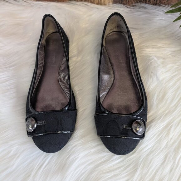 Coach | Shoes | Coach Womens Logo Black Canvas Button Toe Poppy Ballet ...